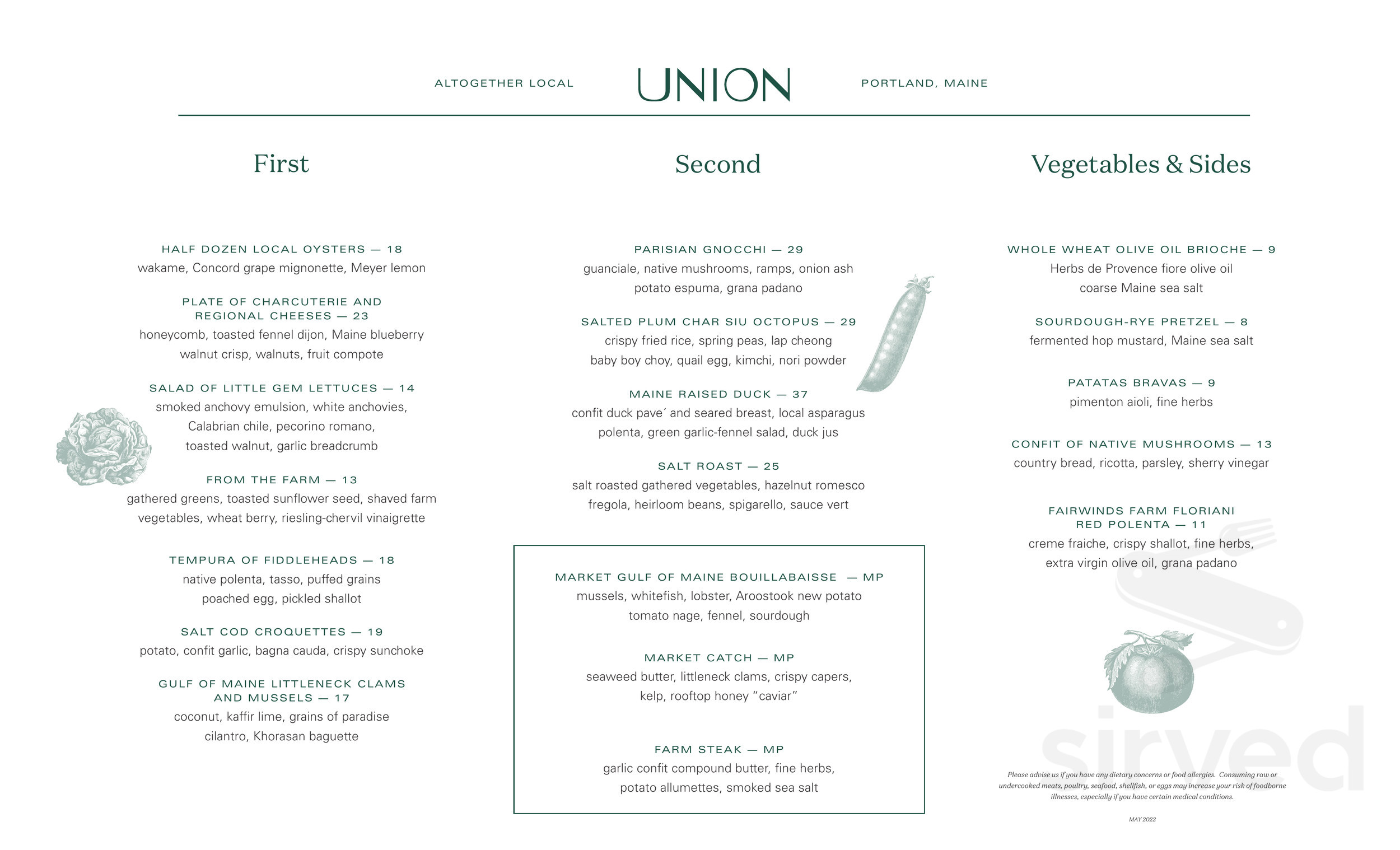 Menu for UNION Restaurant in Portland, ME | Sirved