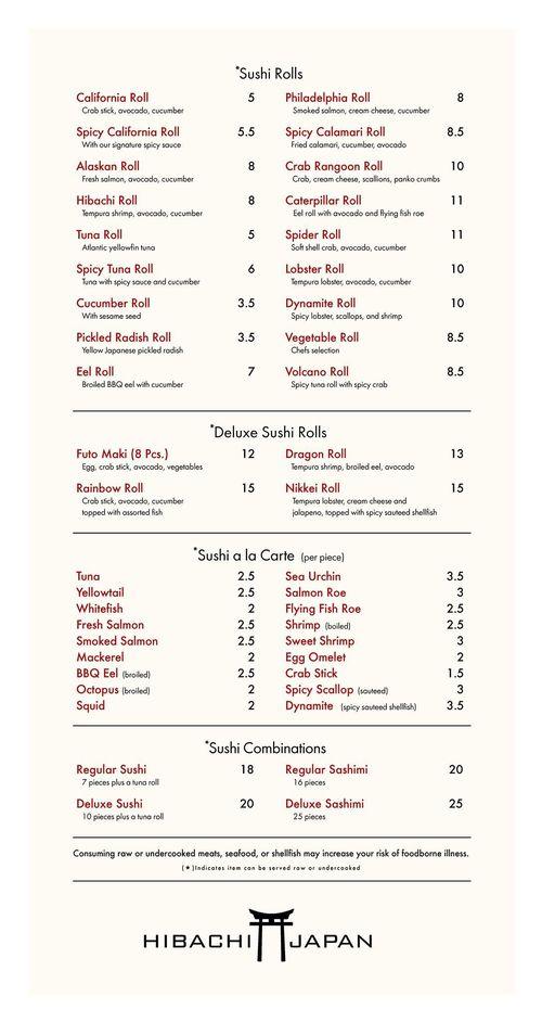 Hibachi Japan menu in Cuyahoga Falls, Ohio, USA