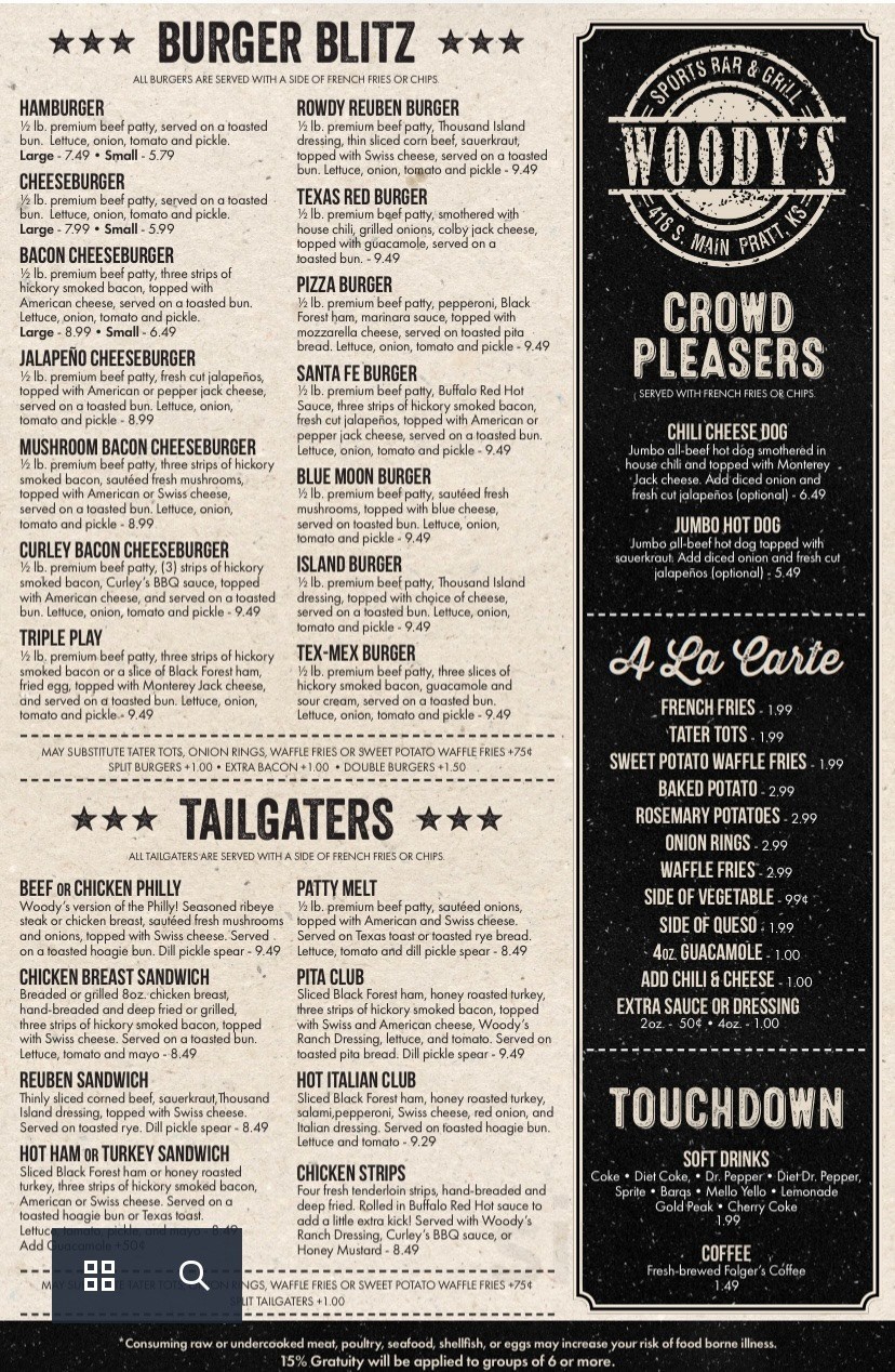 Menu - Pratt KS's Woody's Sports Bar & Grill | Sirved