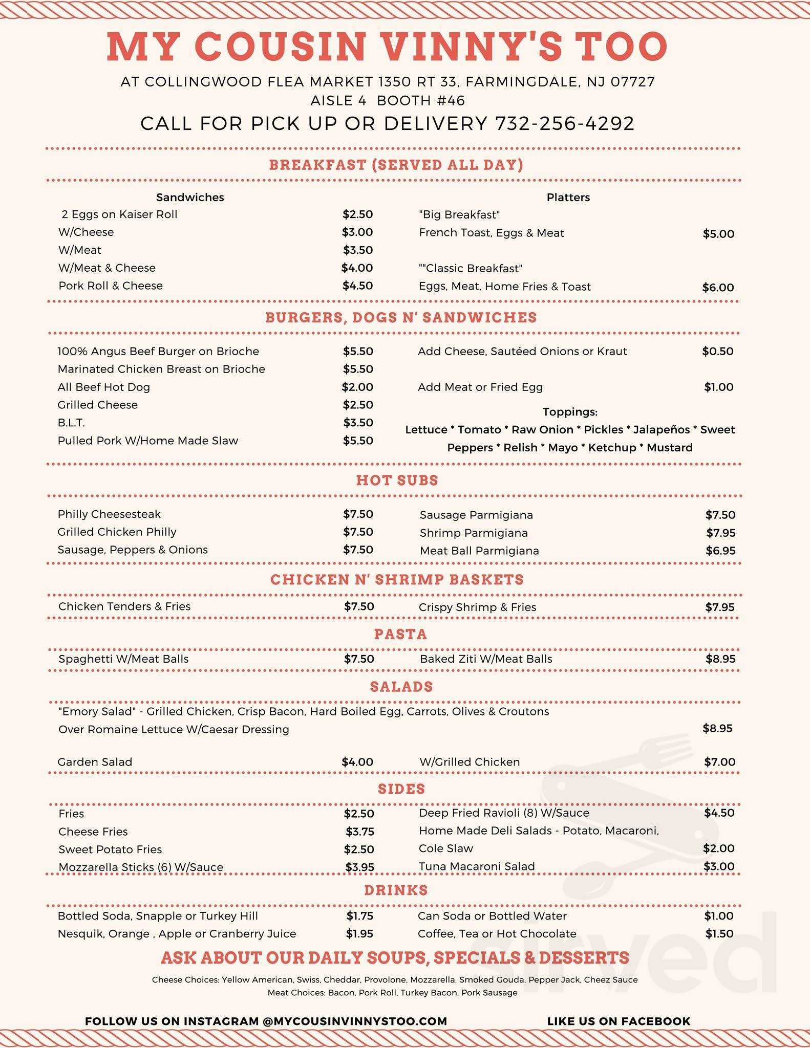 My Cousin Vinny's too menu in Farmingdale, New Jersey, USA