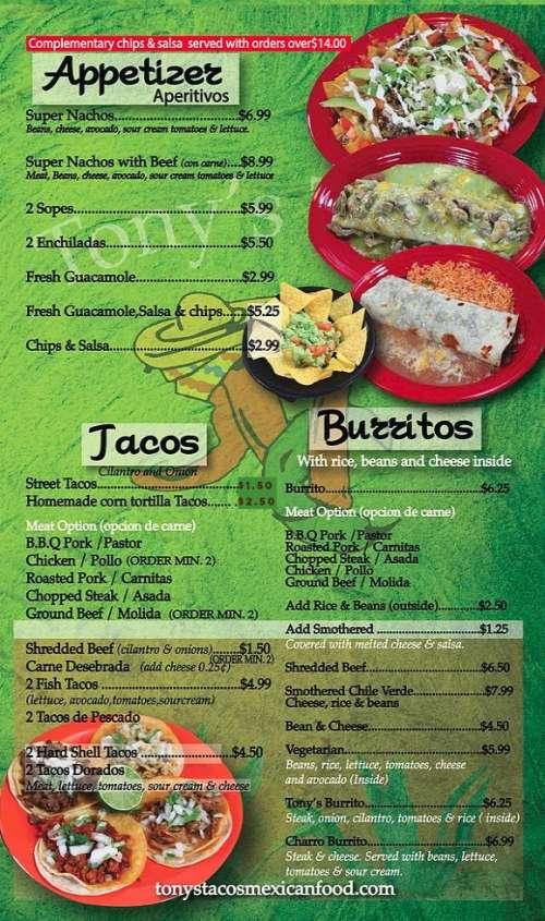 Tony's Tacos menu in Heber City, Utah, USA