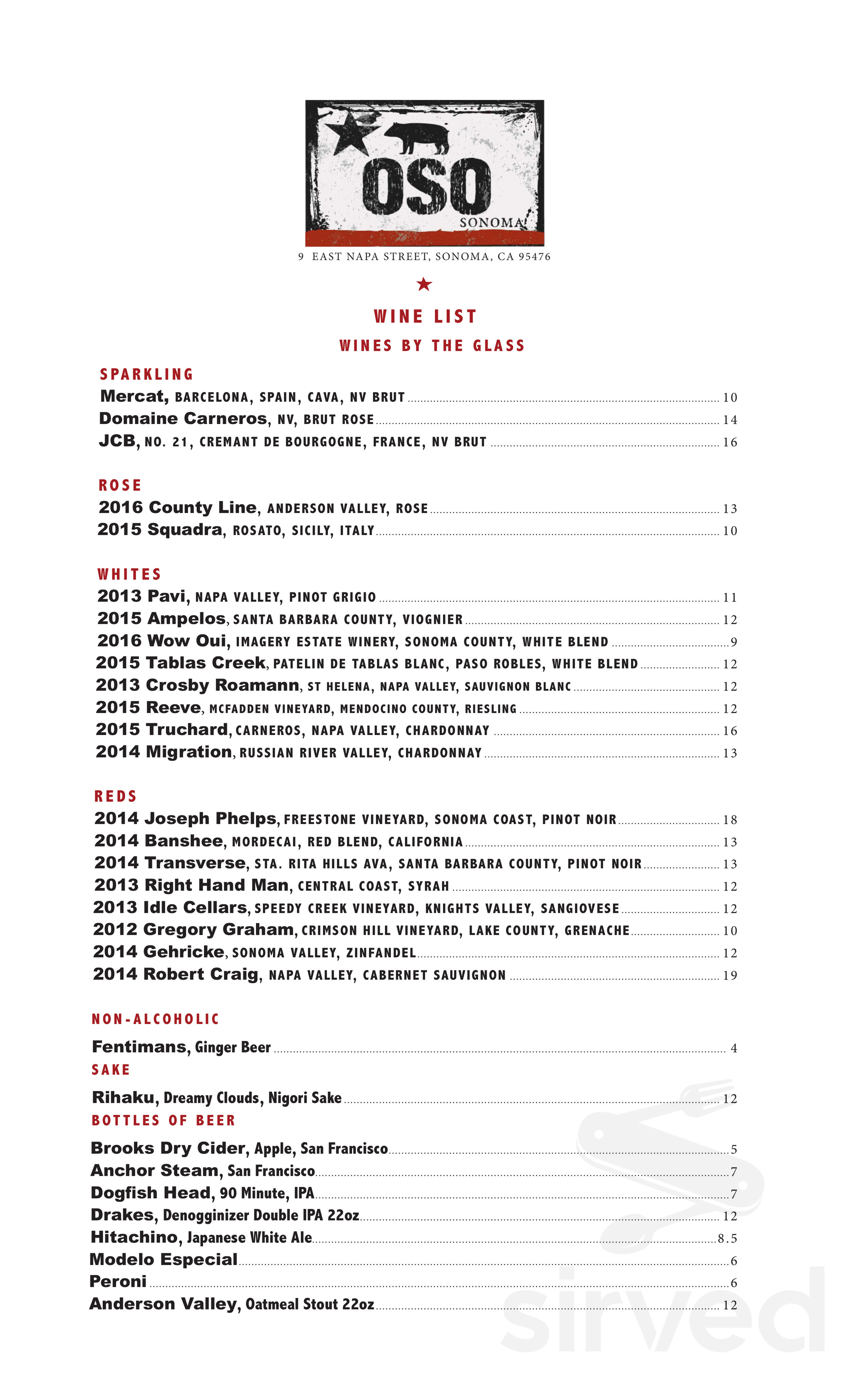 Oso Sonoma menu in Sonoma, California, USA