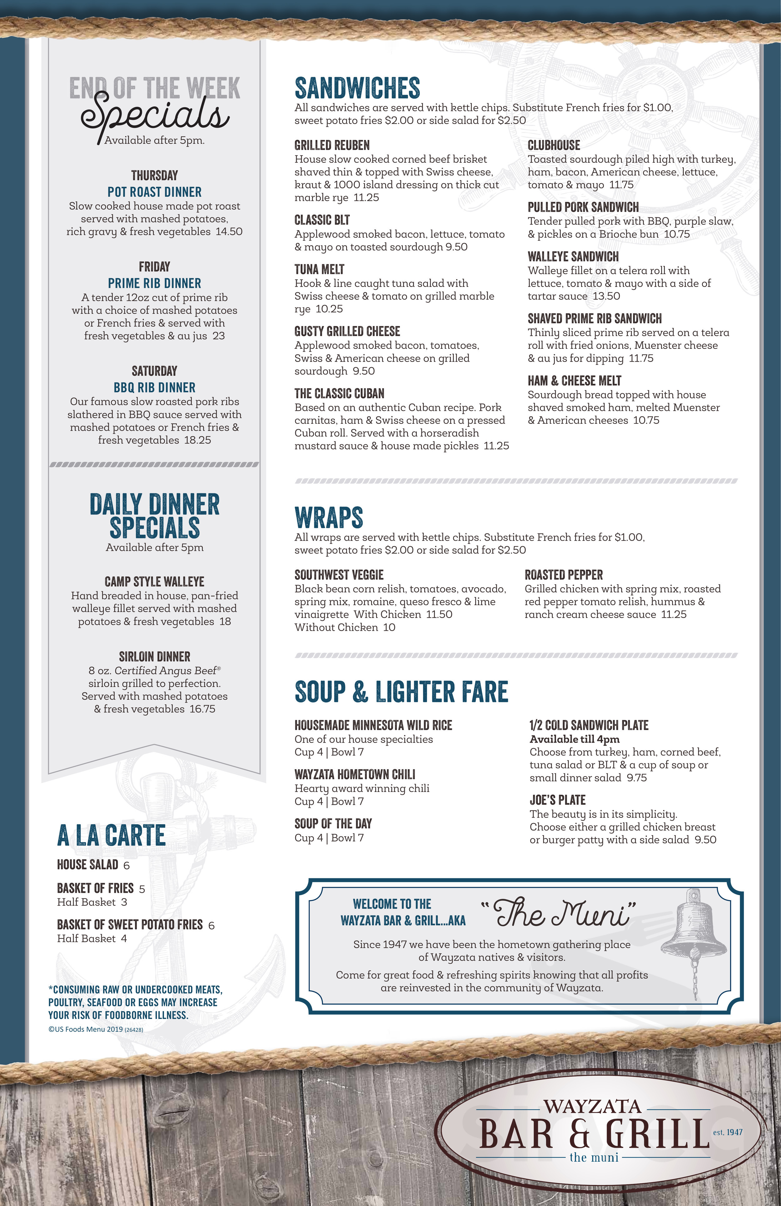 Wayzata Bar & Grill menu in Wayzata, Minnesota, USA