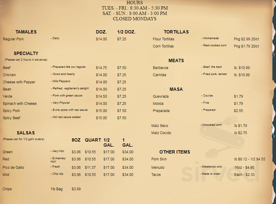 Tyler Tortilla Factory menu in Tyler, Texas, USA
