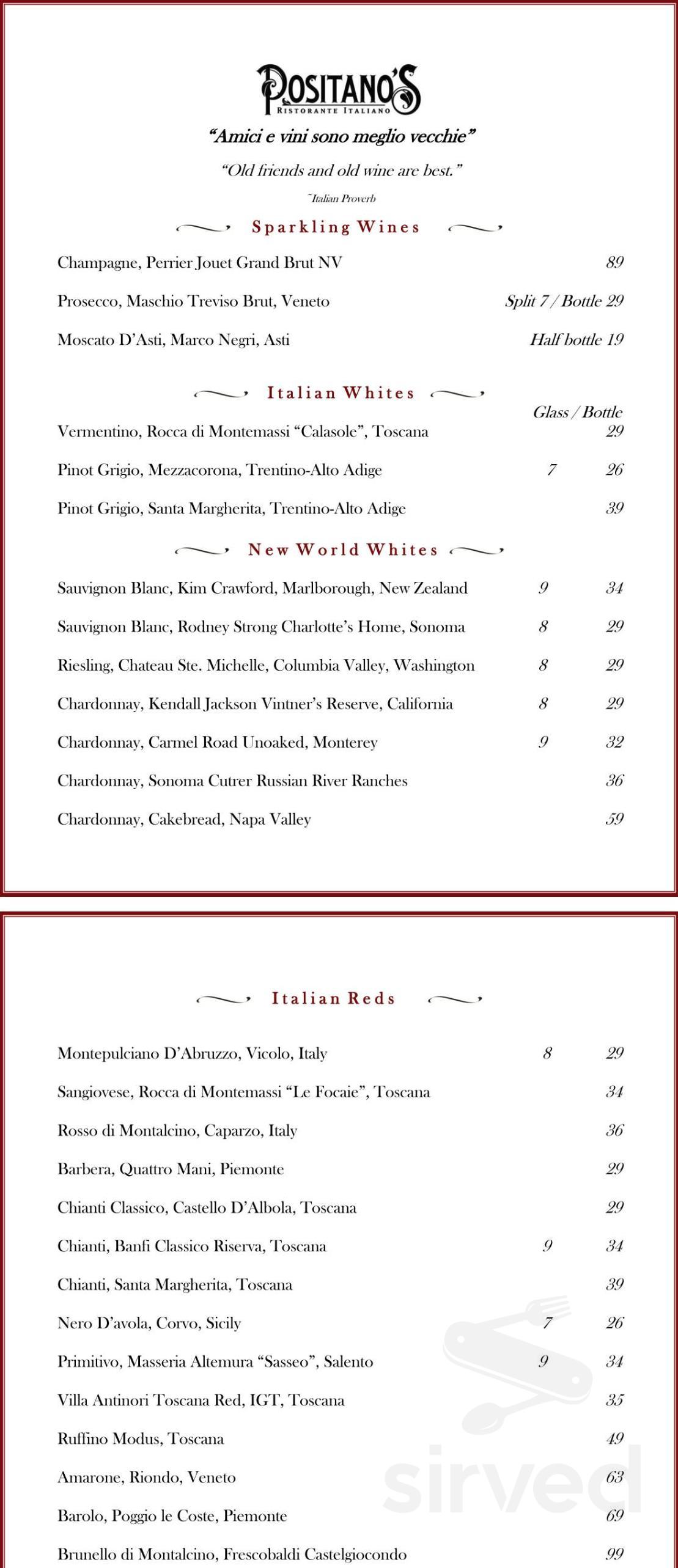 Positano's Ristorante menu in Palm Harbor, Florida, USA