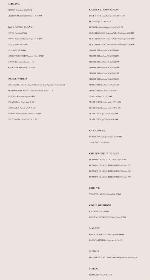 Players' Retreat menu in Raleigh, North Carolina, USA