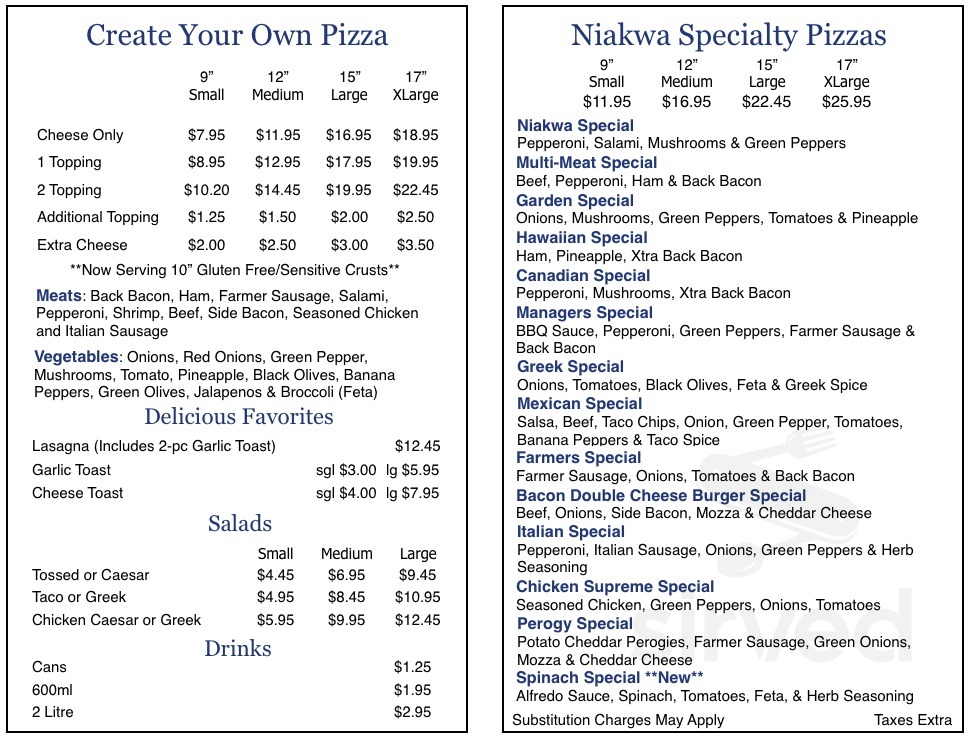 Menu for Niakwa Pizza in Steinbach, MB | Sirved