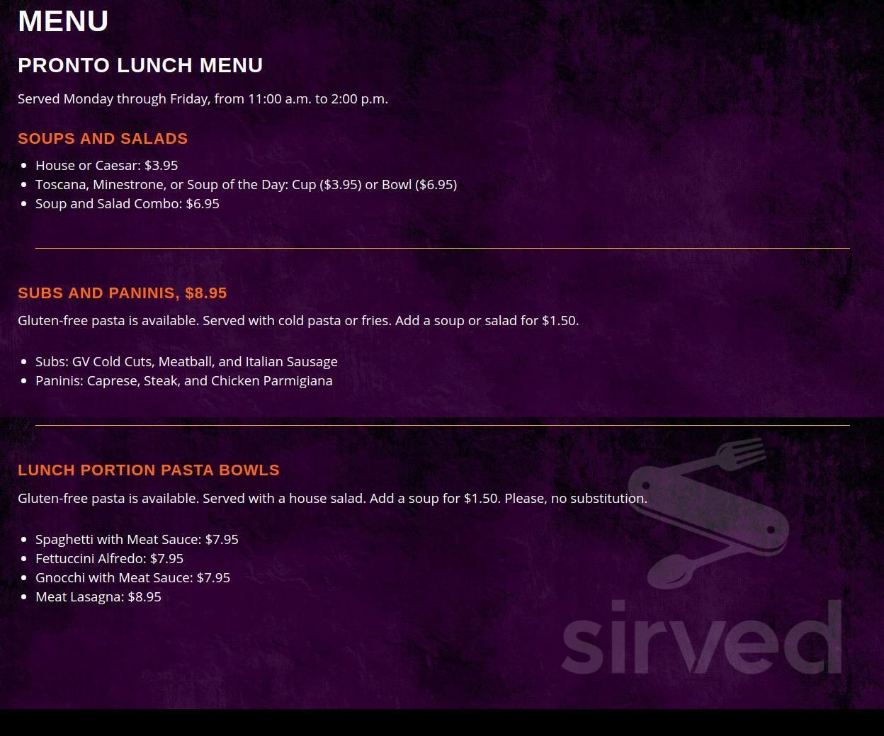 GrapeVine's Casual Italian Dining menu in Dahlonega, Georgia, USA