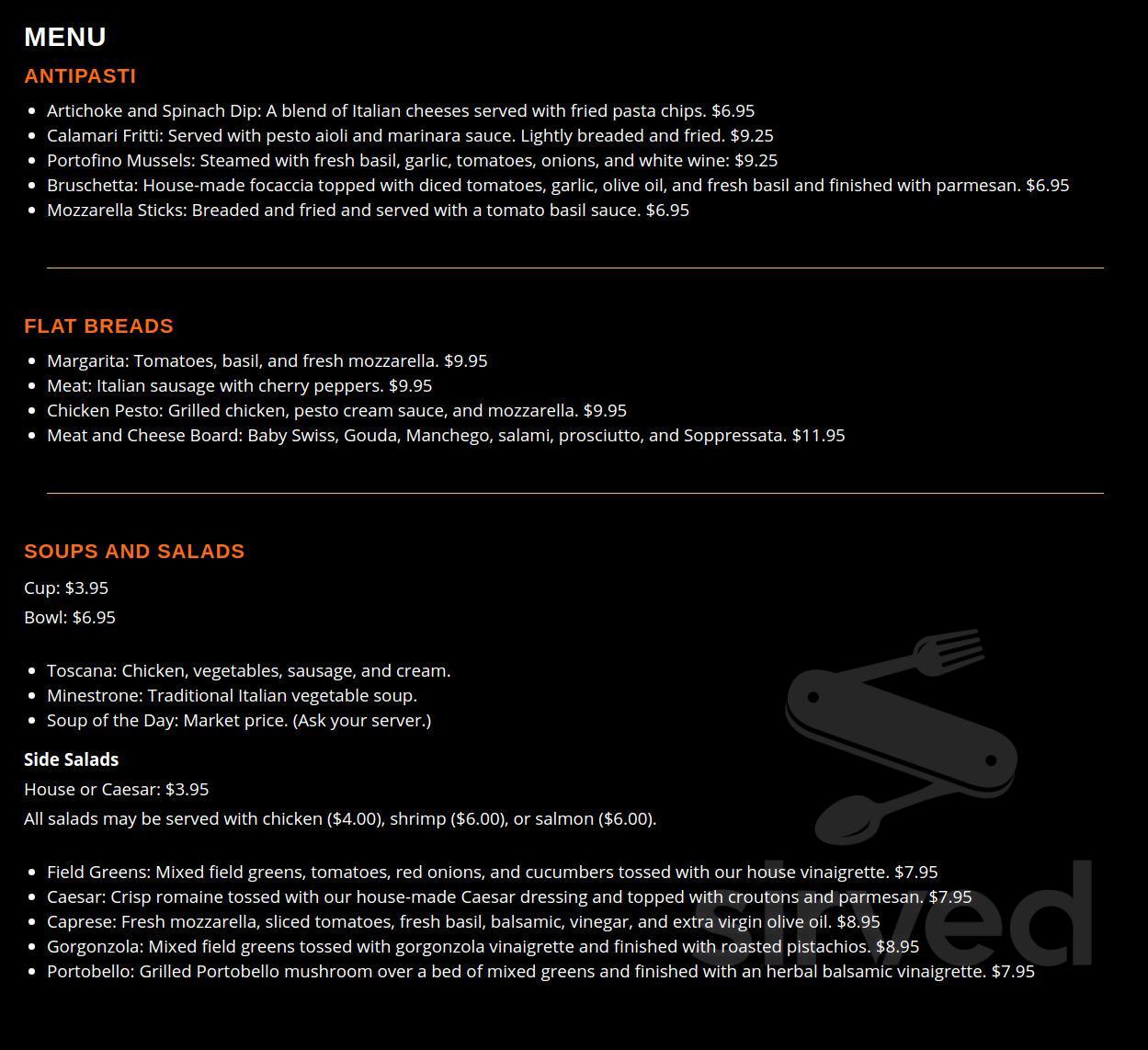 GrapeVine's Casual Italian Dining menu in Dahlonega, Georgia, USA