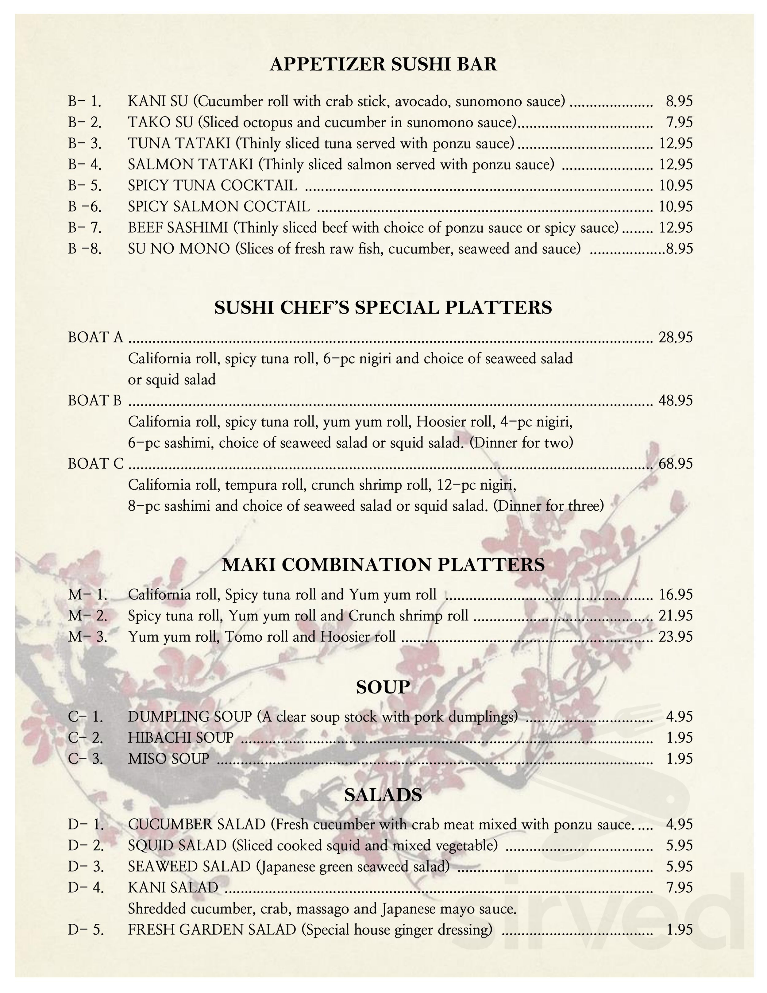 Tomo Japanese Restaurant menu in New Albany, Indiana, USA