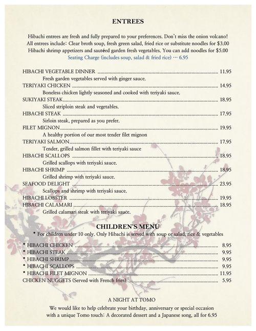 Tomo Japanese Restaurant menu in New Albany, Indiana, USA