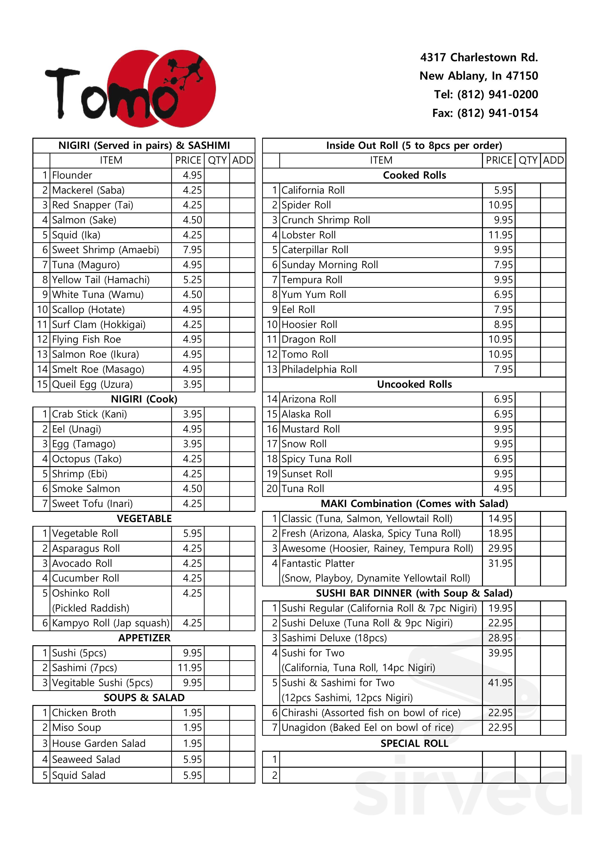 Tomo Japanese Restaurant menus in New Albany, Indiana, United States