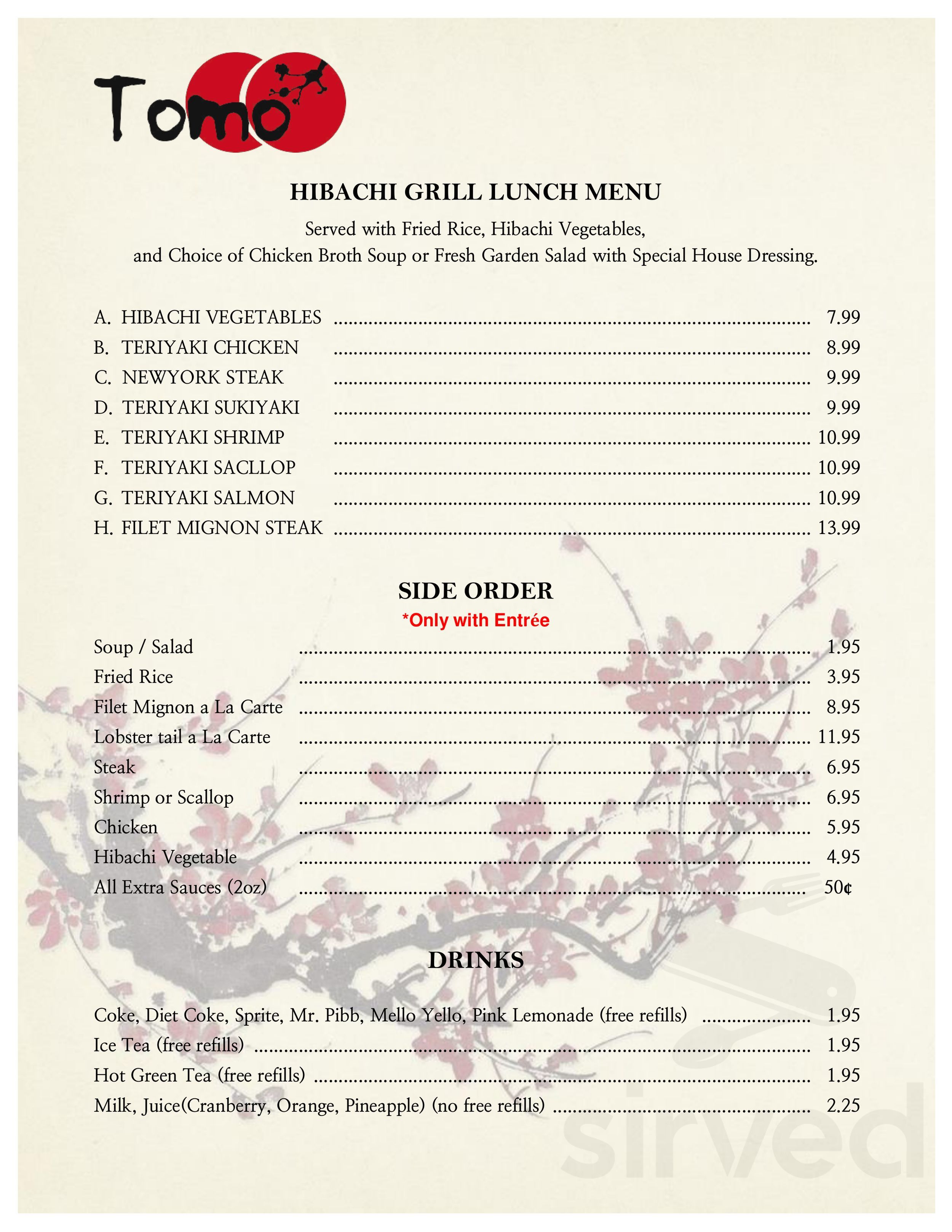 Tomo Japanese Restaurant menu in New Albany, Indiana, USA