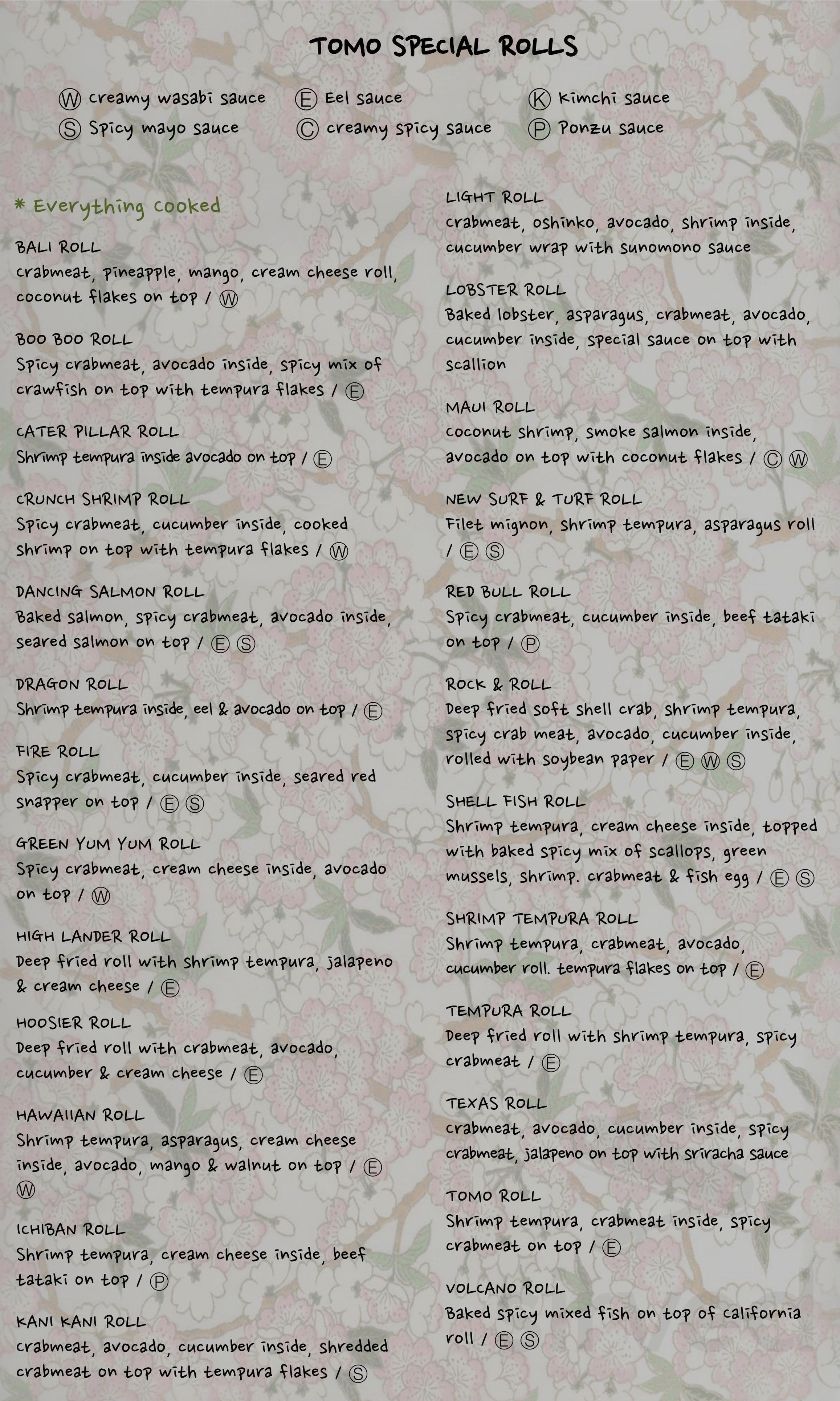 Tomo Japanese Restaurant menu in New Albany, Indiana, USA