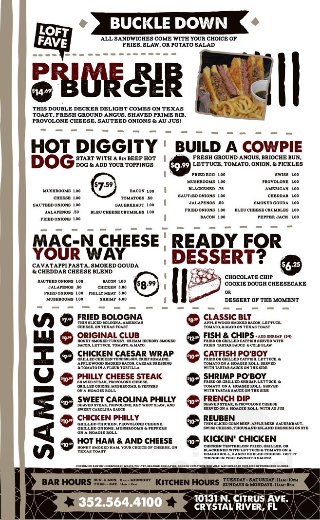 The Loft Bar & Grill menu in Crystal River, Florida, USA