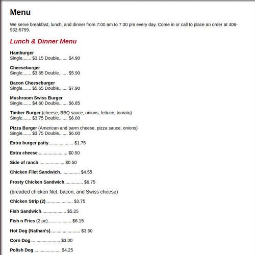 Frosty Freez menu in Big Timber, Montana, USA