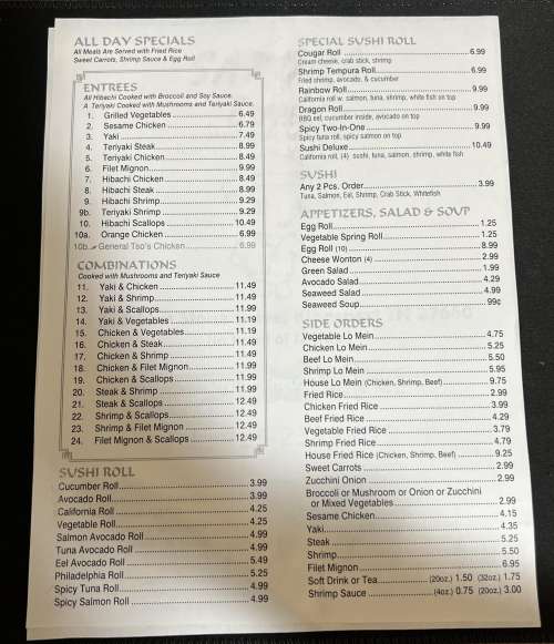Sakura menu in Kingsport, Tennessee, USA