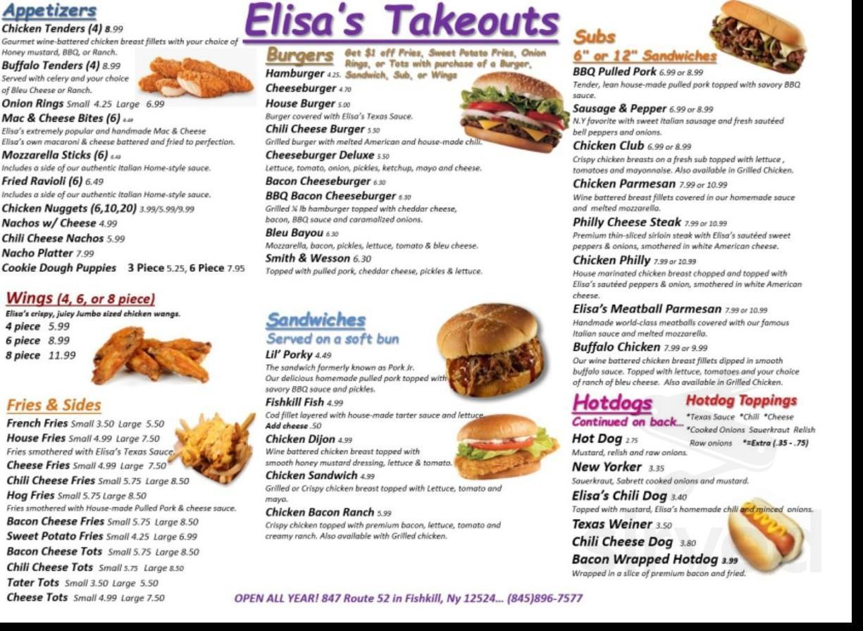 Menu - Fishkill NY's Elisa's Takeouts | Sirved
