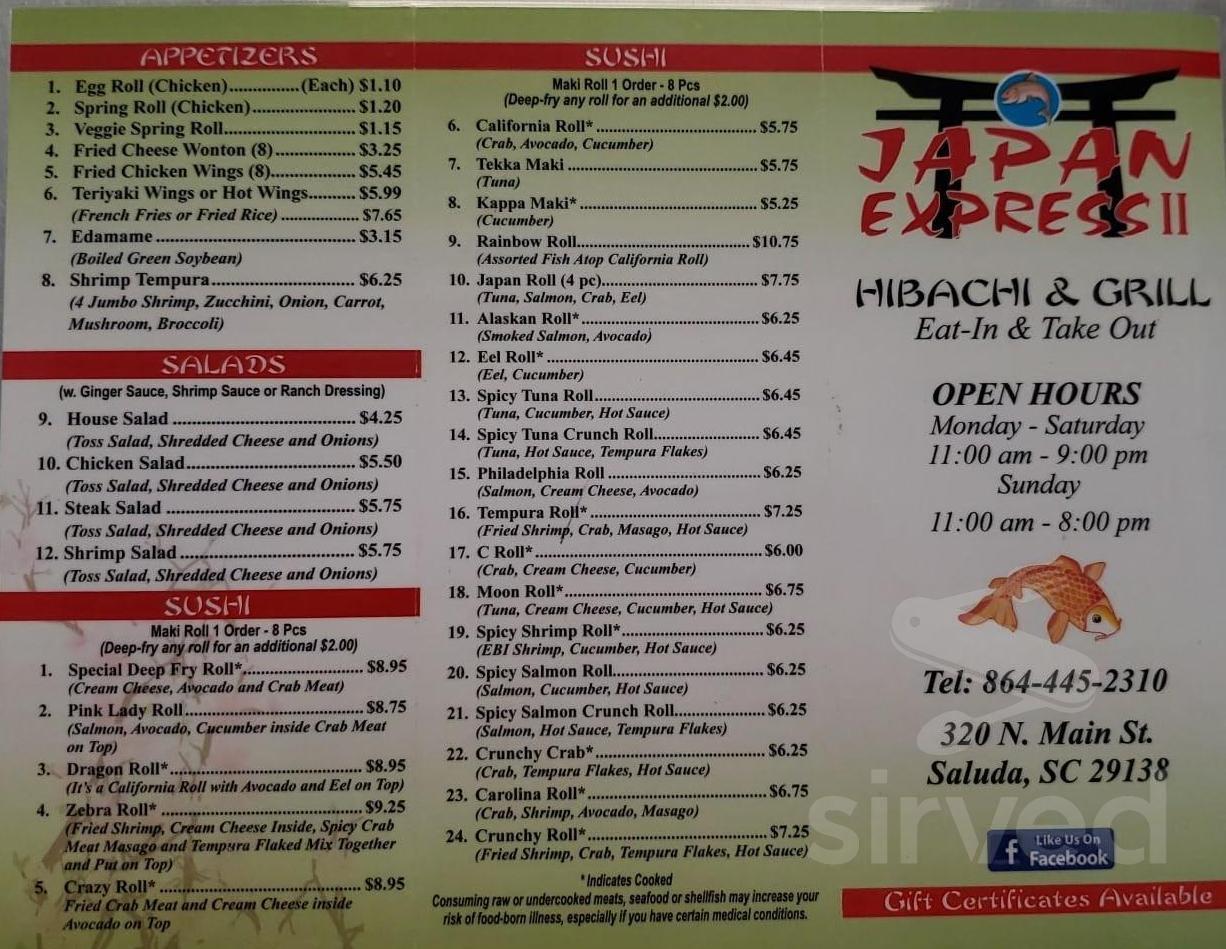 Japan Express 2 menu in Saluda, South Carolina, USA