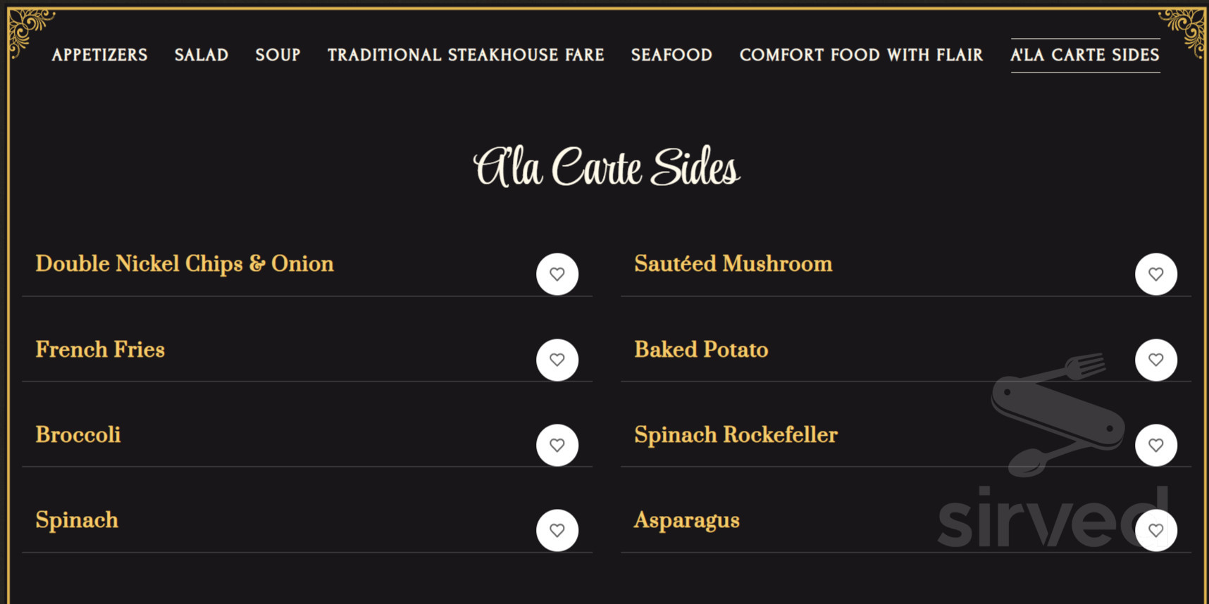 Double Nickel Steakhouse menu in Lubbock, Texas, USA