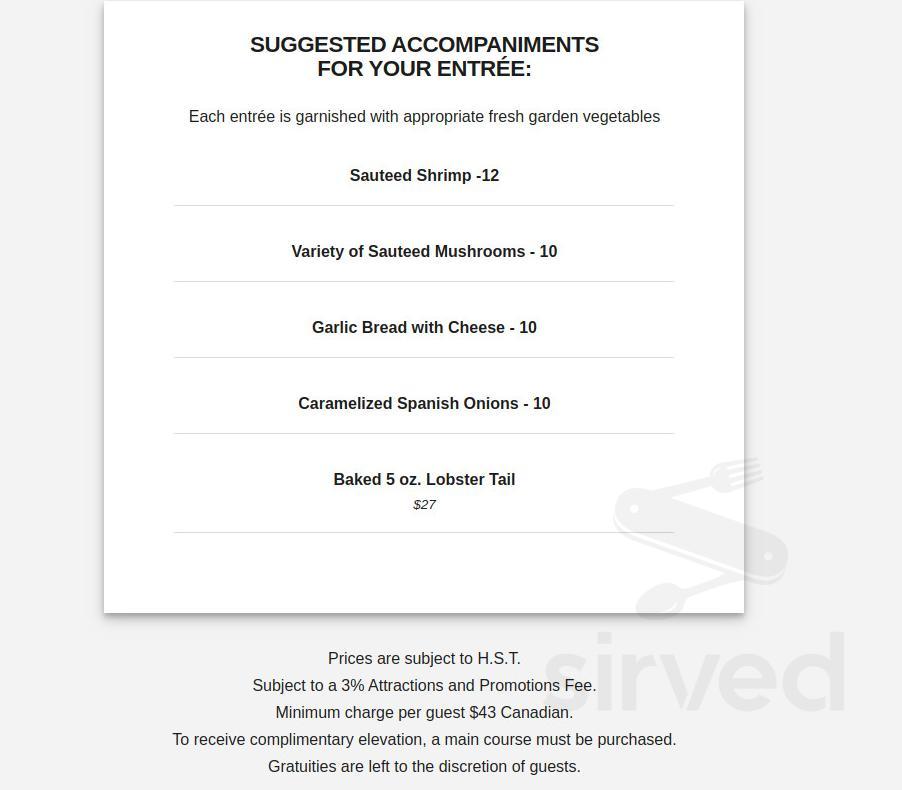 Skylon Tower menu in Niagara Falls, Ontario, Canada