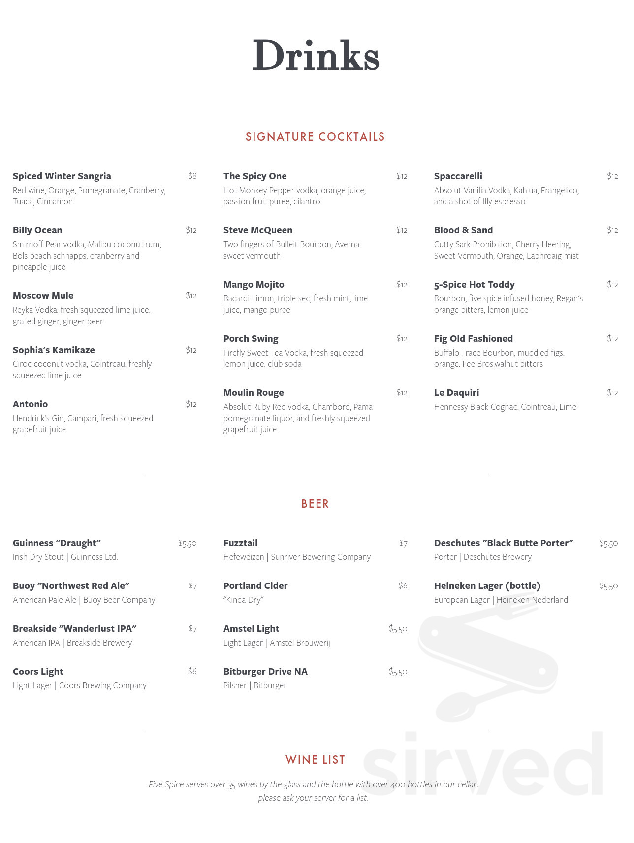Five Spice Seafood + Wine Bar menu in Lake Oswego, Oregon, USA