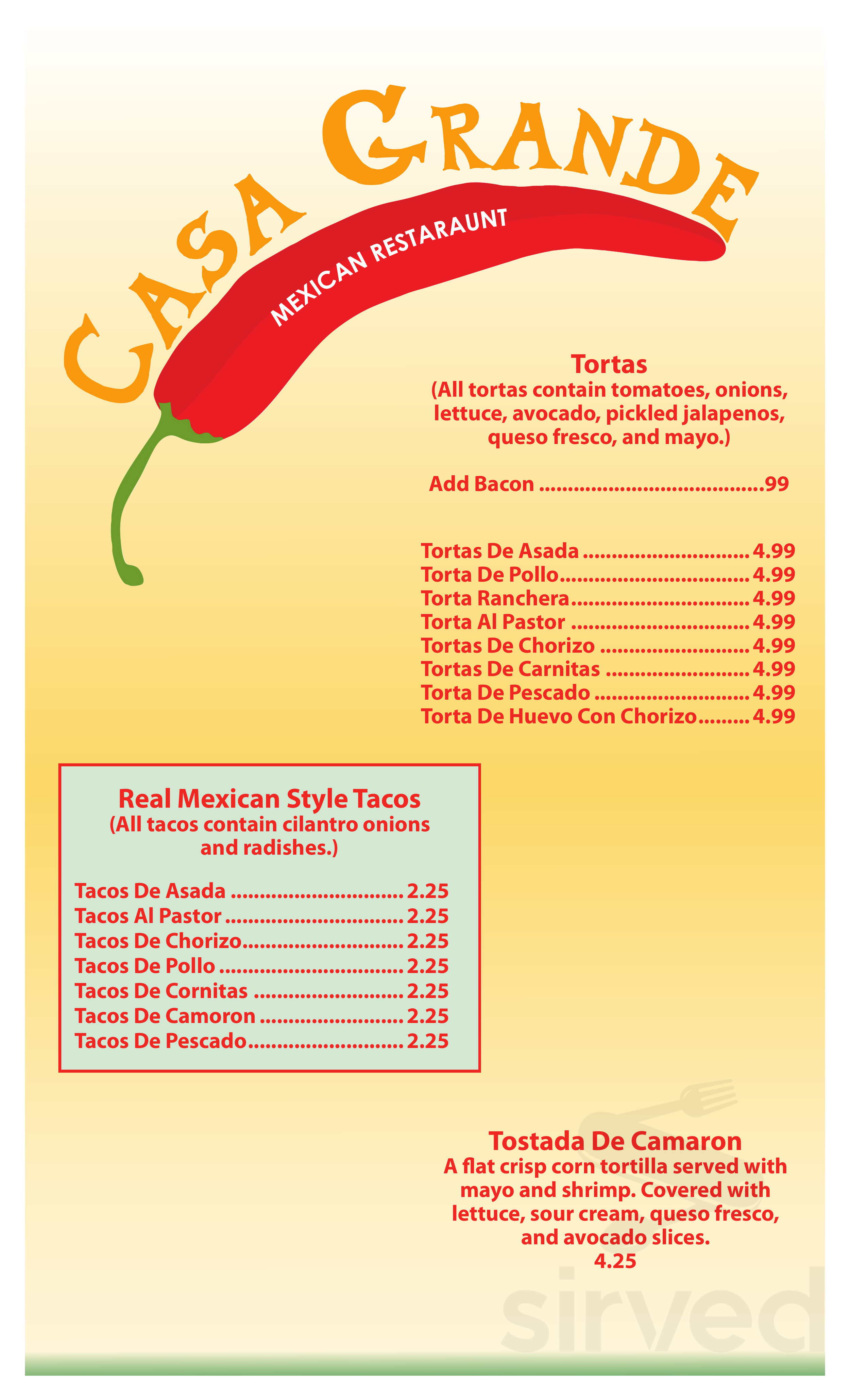 Casa Grande Mexican Restaurant menu in Harrodsburg, Kentucky, USA