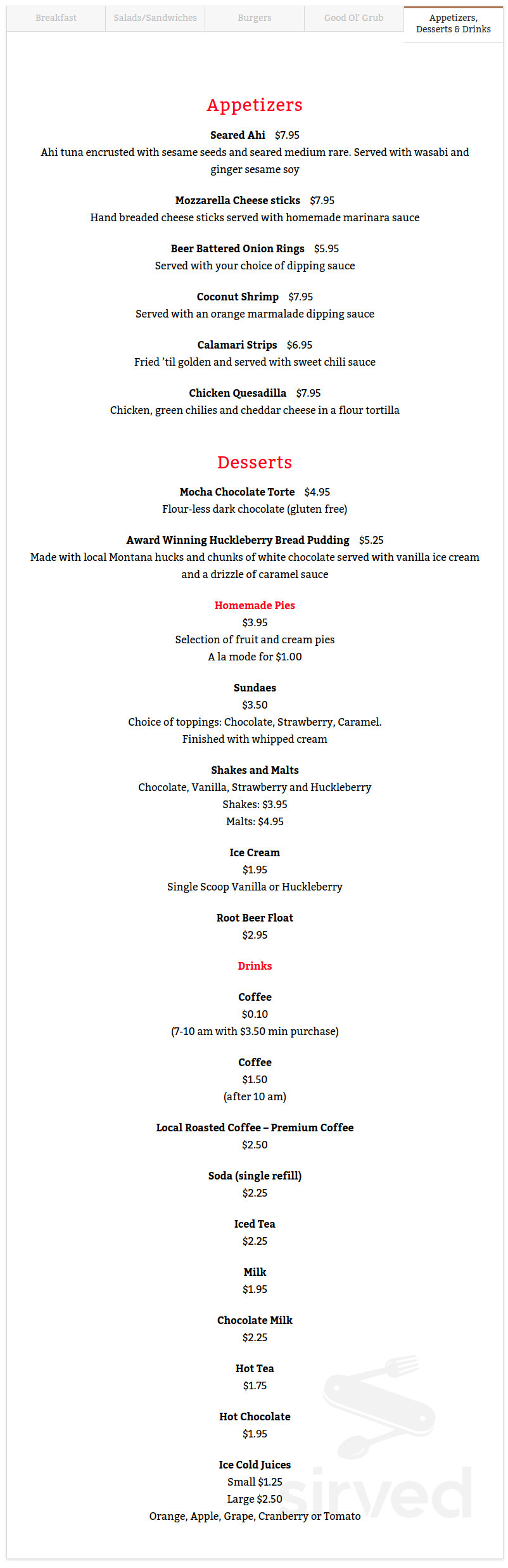Menu for Sykes Diner & Market in Kalispell, MT | Sirved