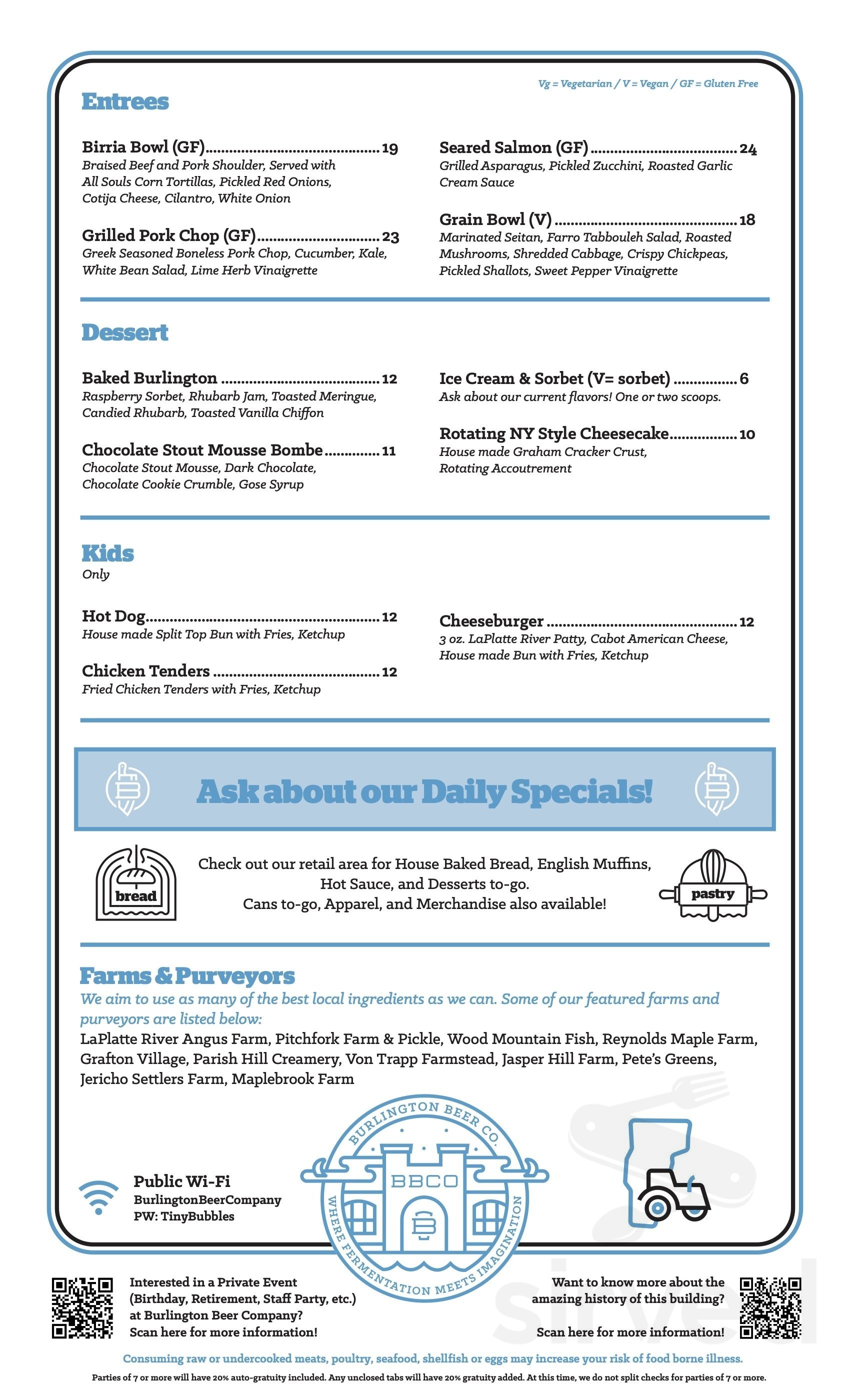 Burlington Beer Company menu in Burlington, Vermont, USA