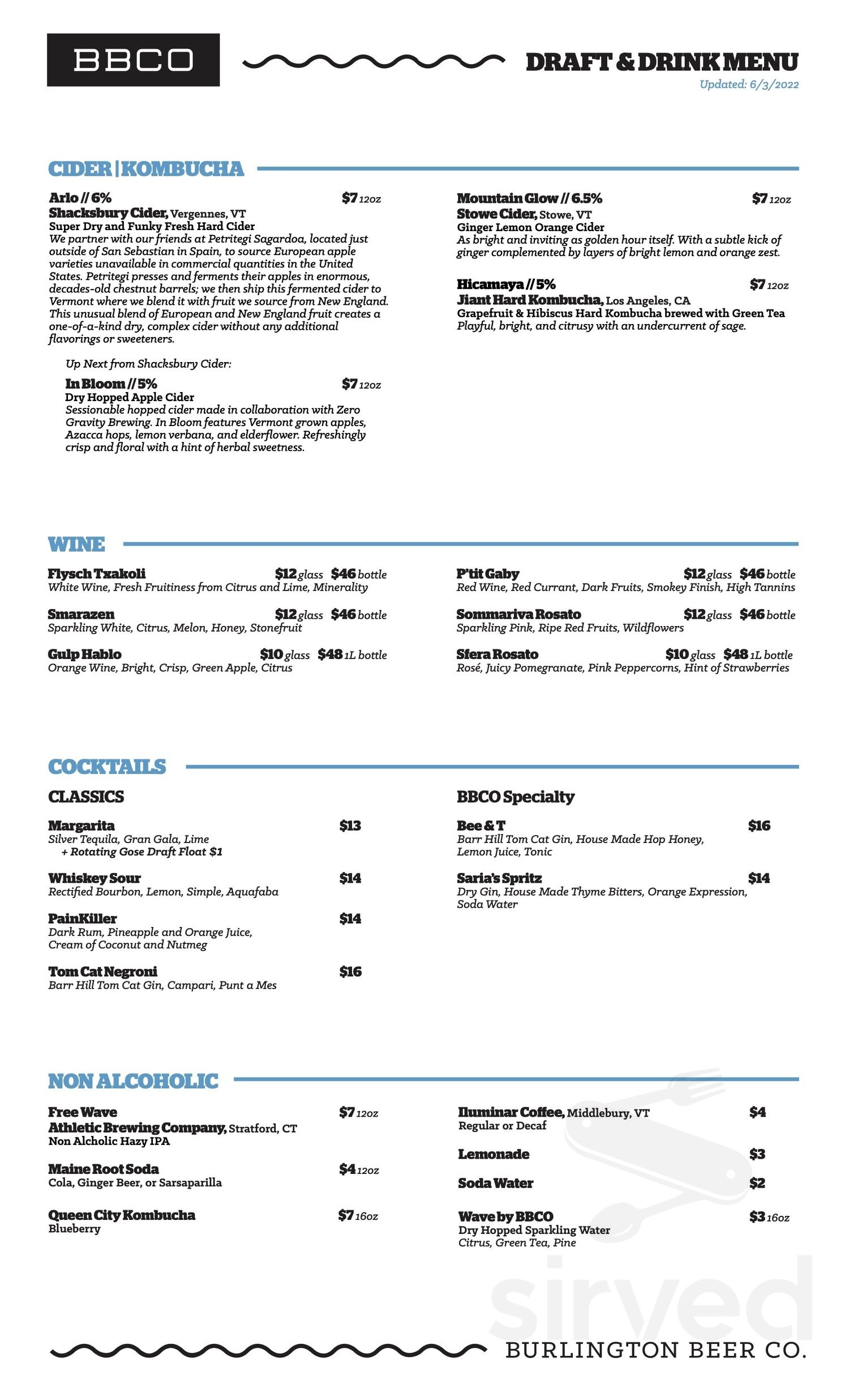 Burlington Beer Company menu in Burlington, Vermont, USA