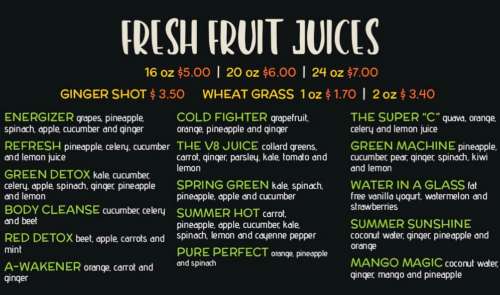 Pure Natural Juice menu in Santa Maria, California, USA