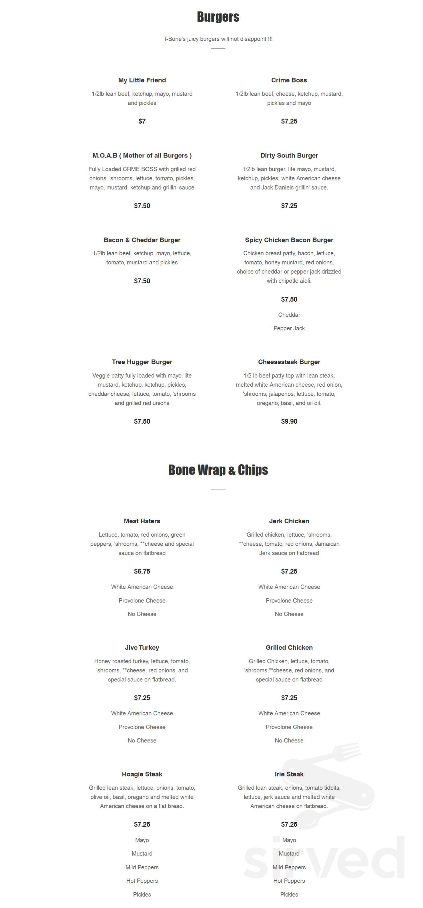 T-Bone's Authentic Philly Style Cheesesteaks And Hoagies menus in ...