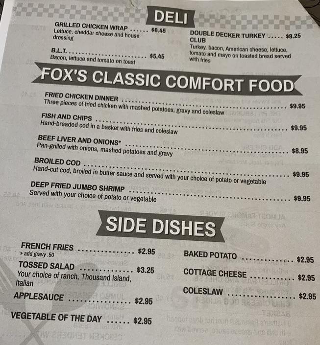 Fox's Diner menu in Munhall, Pennsylvania, USA