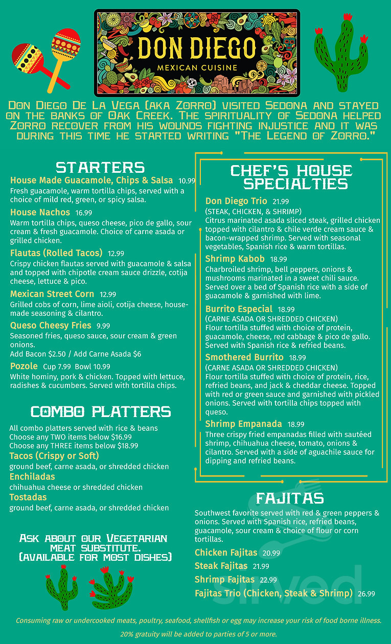 Menu - Sedona AZ's Don Diego Mexican Cuisine | Sirved