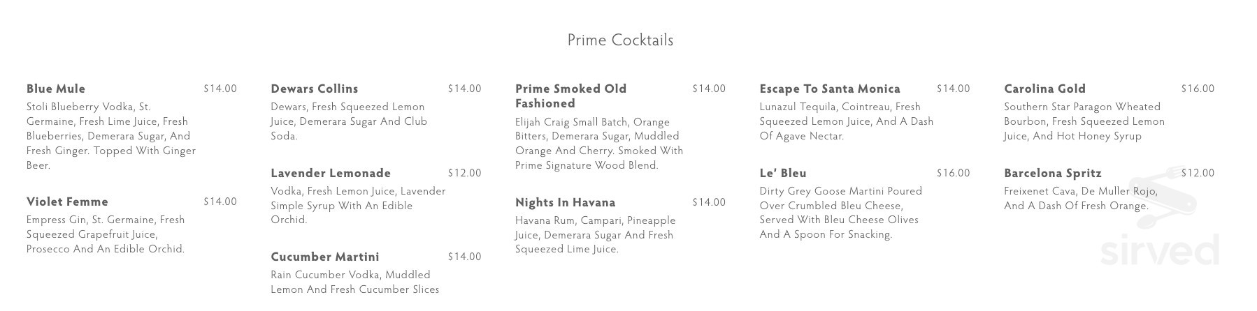 Peninsula Prime menu in Cornelius, North Carolina, USA