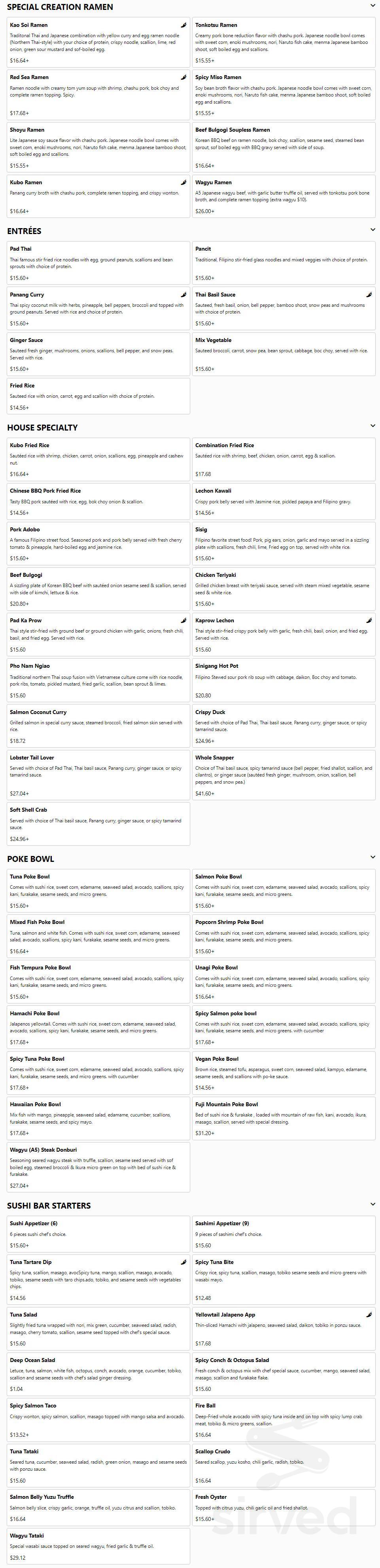 KUBO Asian fusion and bar menu in Fort Lauderdale, Florida, USA