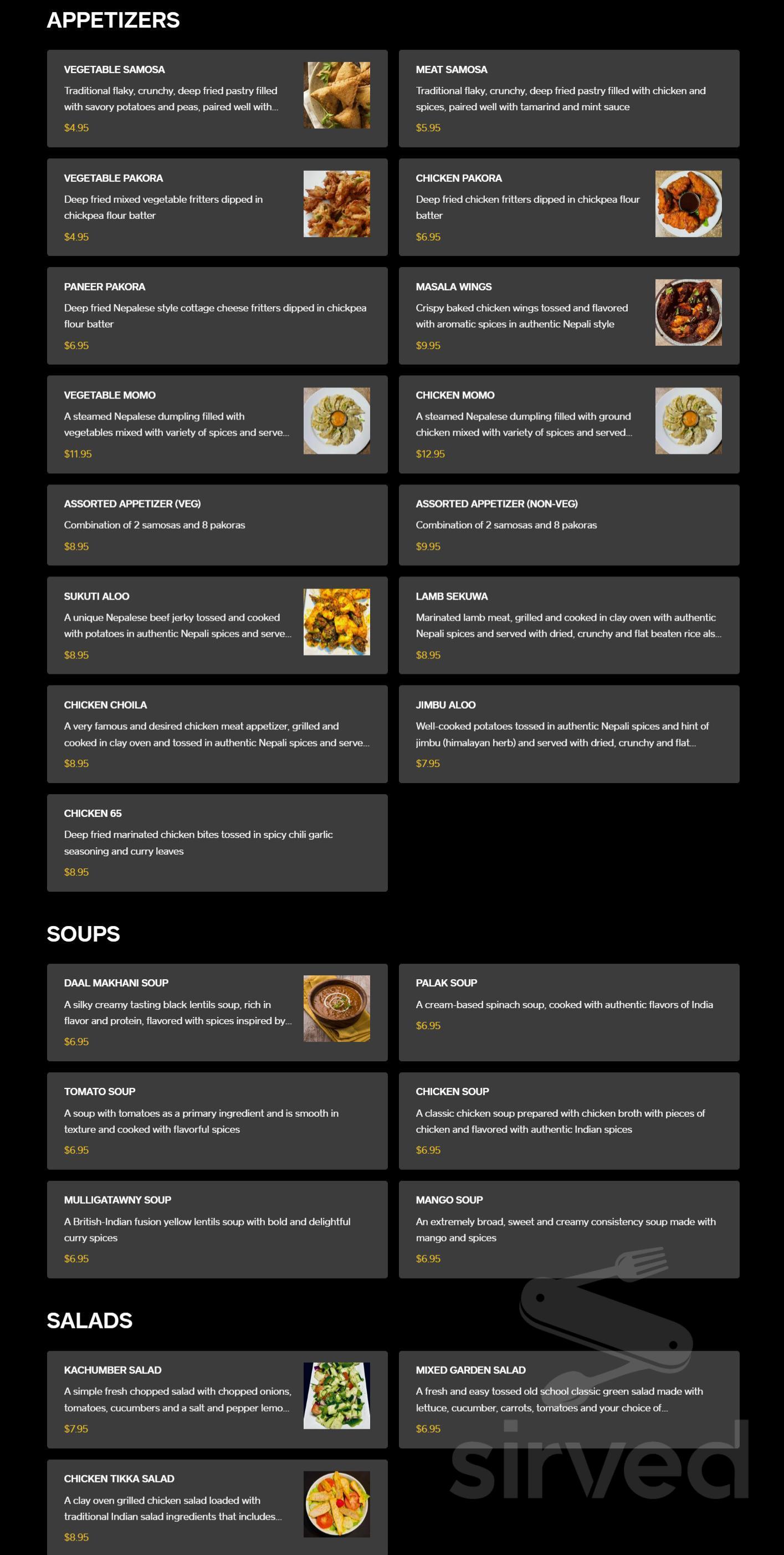 Himalayan Yak menu in Fargo, North Dakota, USA