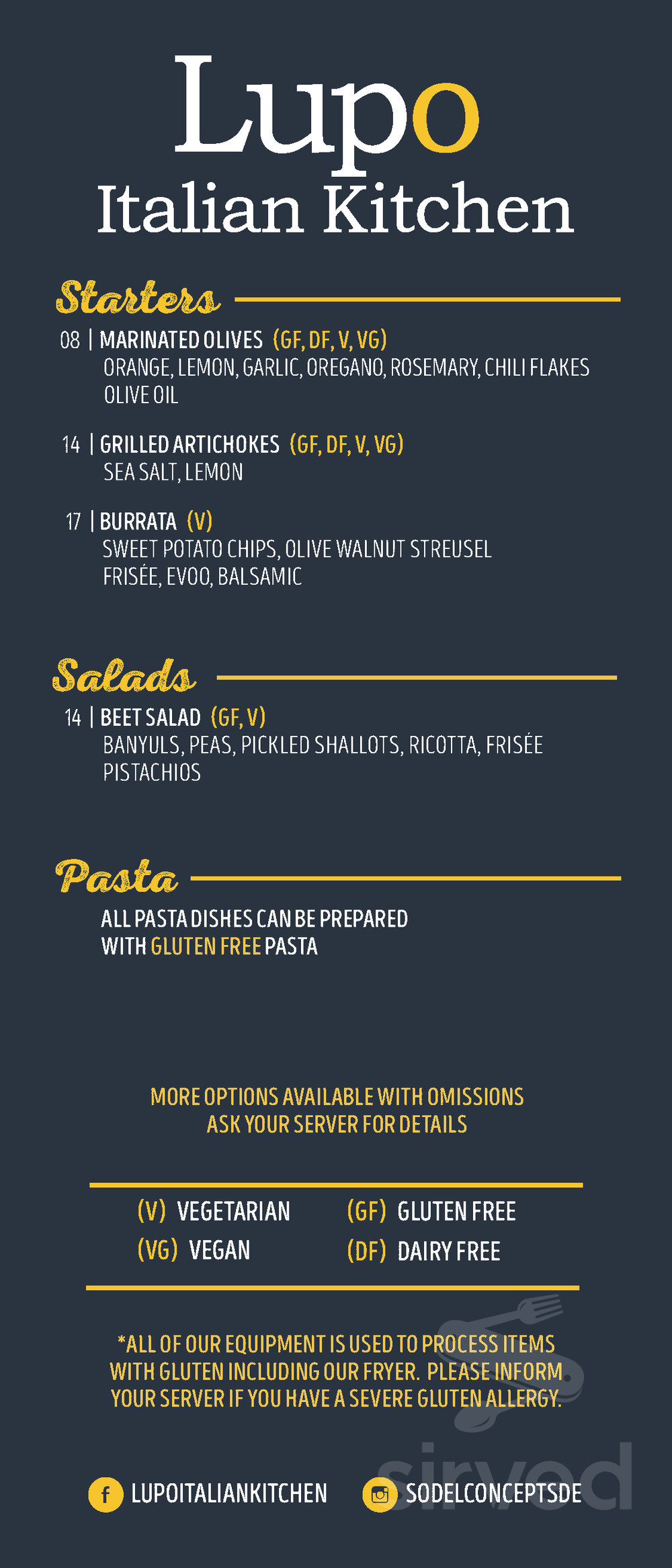 Menu for Lupo Italian Kitchen in Rehoboth Beach, DE | Sirved