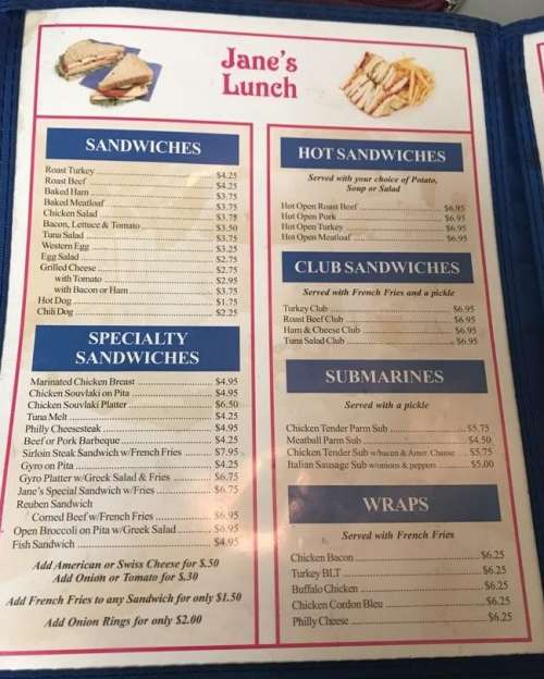 Jane's Diner menu in Binghamton, New York, USA