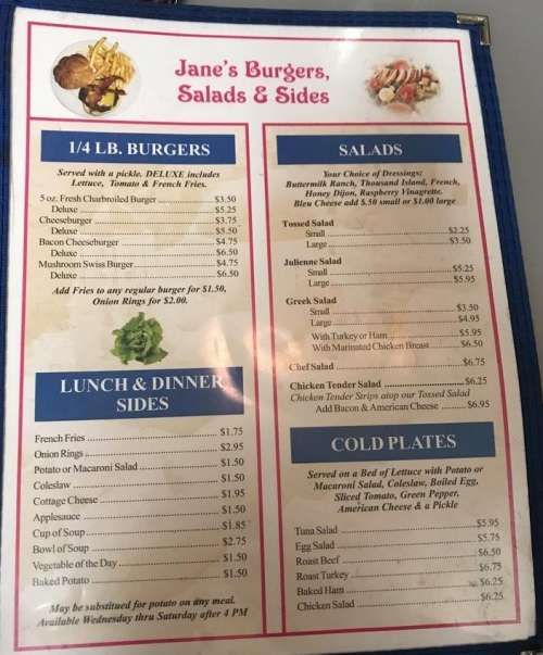 Jane's Diner menu in Binghamton, New York, USA