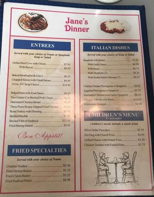 Jane's Diner menu in Binghamton, New York, USA