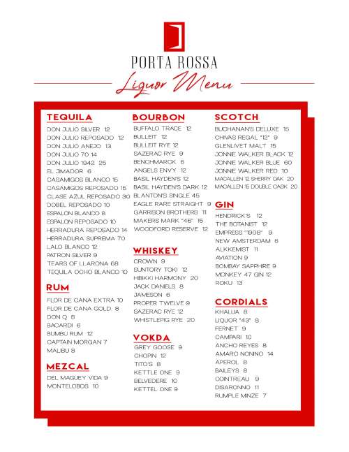 Porta Rossa Bar menu in San Antonio, Texas, USA