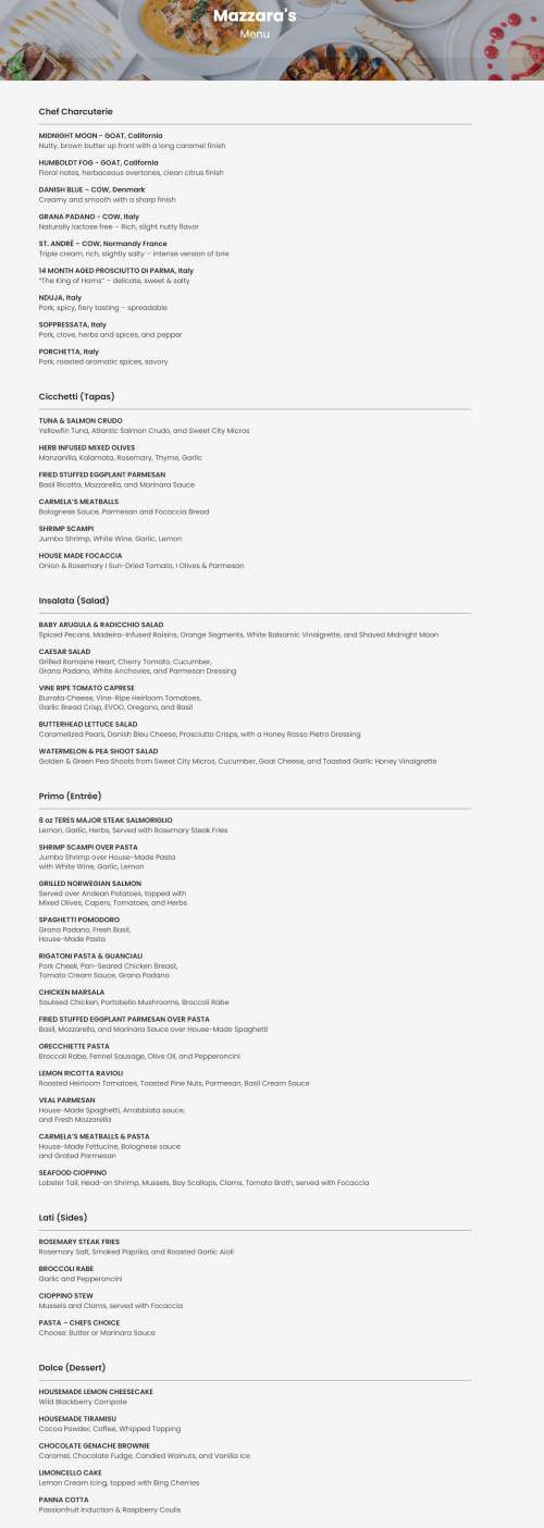 Mazzara's Vinoteca menu in Huntsville, Alabama, USA