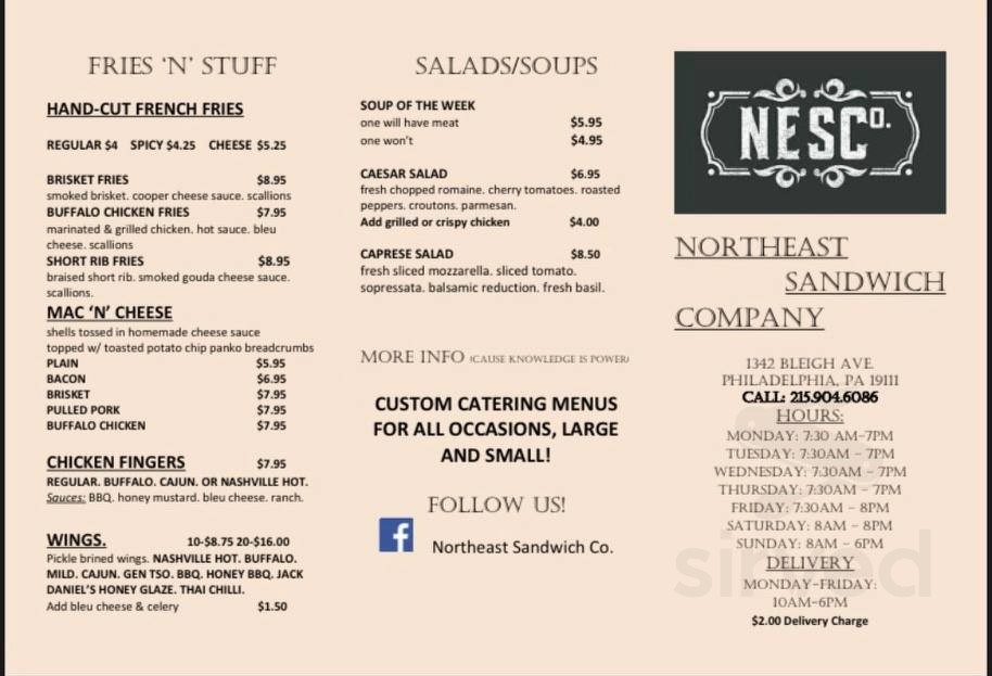 Northeast Sandwich Co. menu in Philadelphia, Pennsylvania, USA
