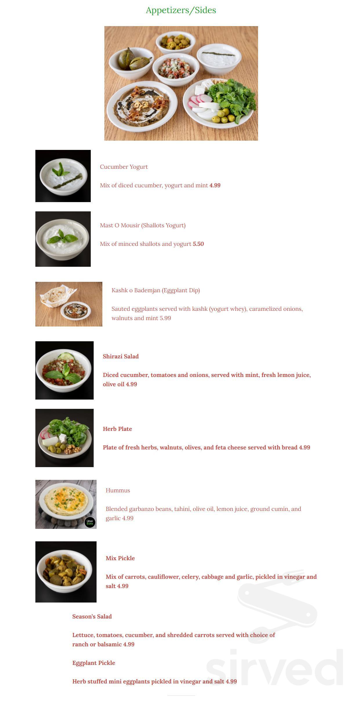 Aria Persian Grill menu in Houston, Texas, USA
