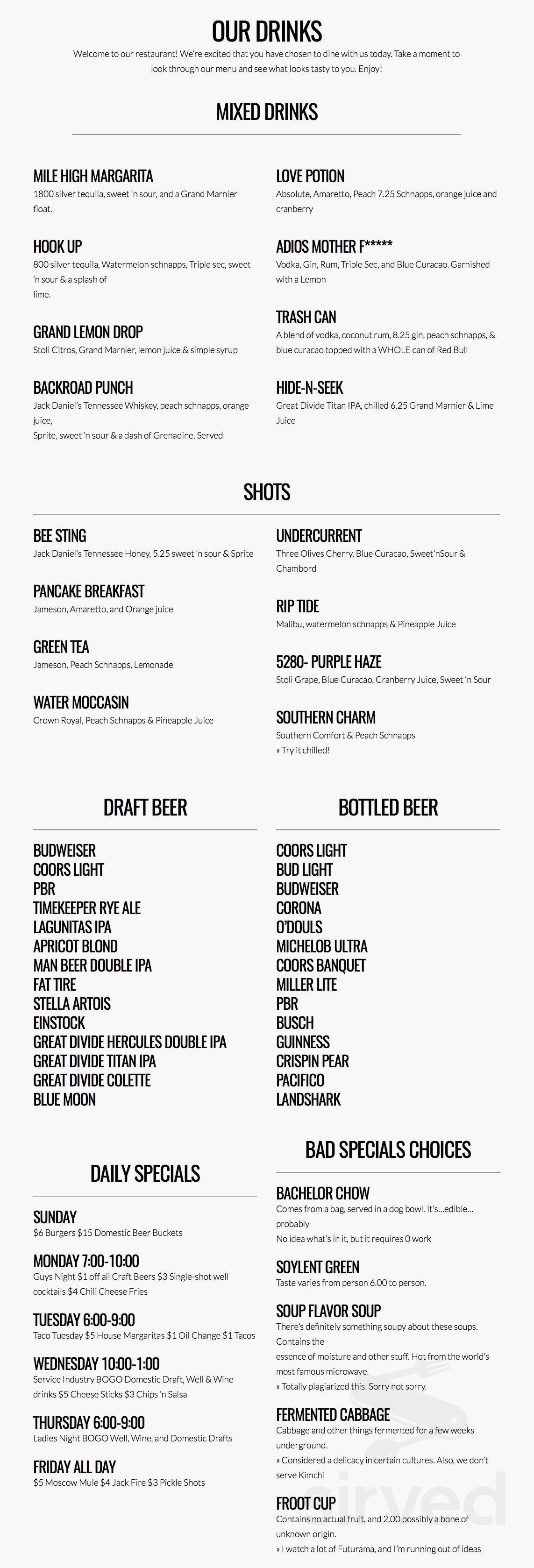 Menu for The Hideaway Lounge in Aurora, Colorado, United States