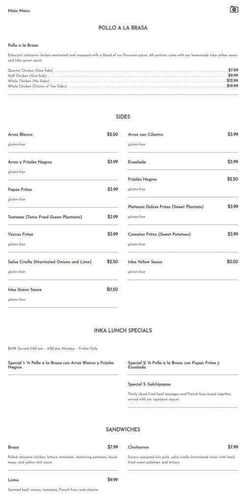 Estacion Inka menu in Madison, Wisconsin, USA