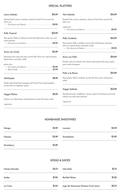 Estacion Inka menu in Madison, Wisconsin, USA