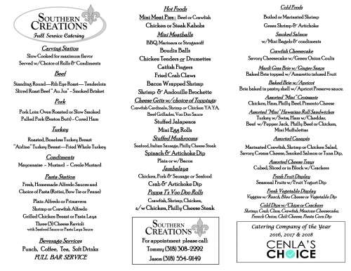 Southern Creations Catering menu in Pineville, Louisiana, USA