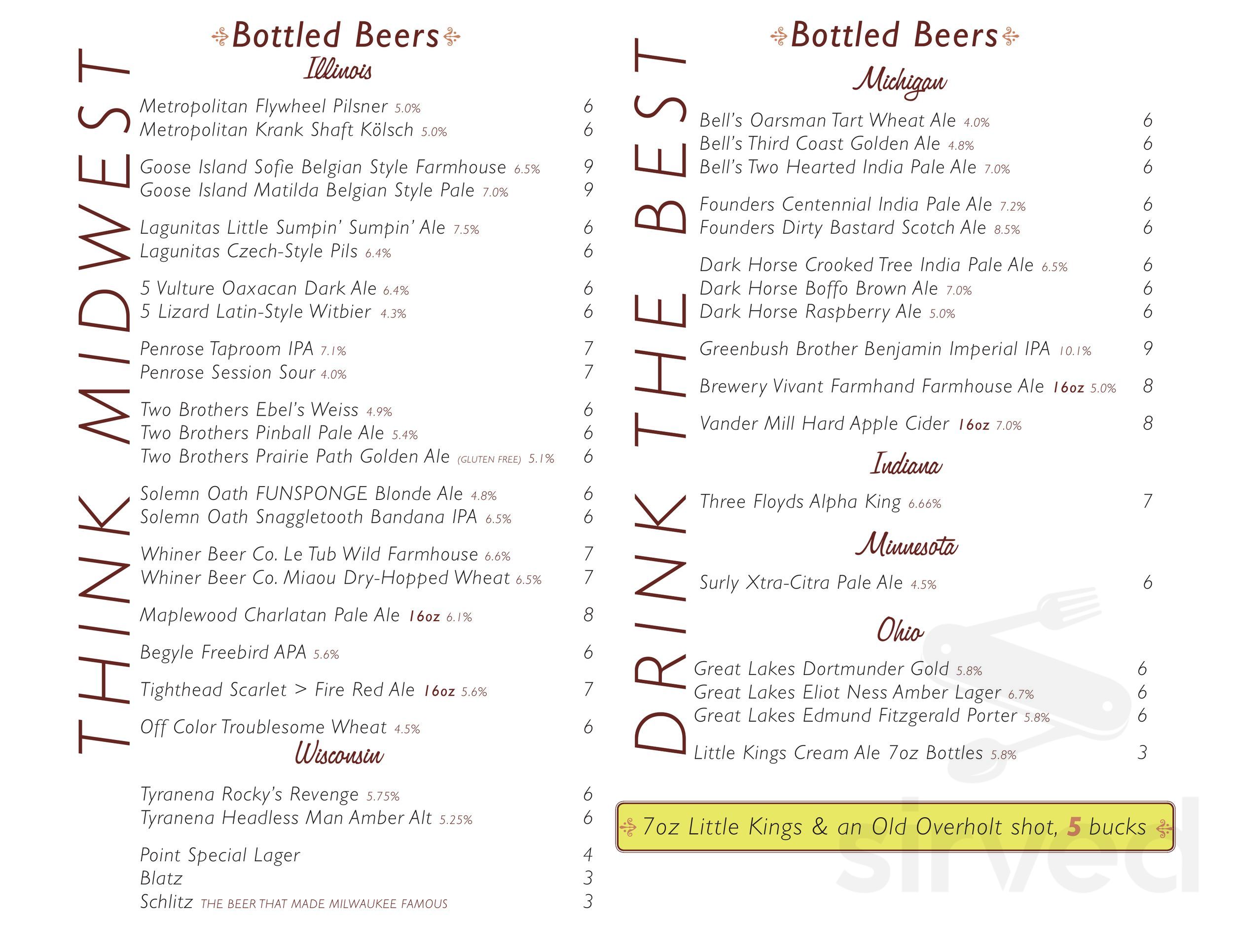 Watershed Bar menu in Chicago, Illinois, USA